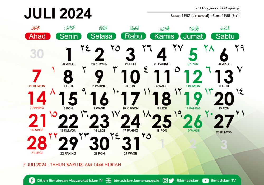 Kalender Juli 2024 Lengkap dengan Weton, Tanggal Merah, dan Libur Nasional