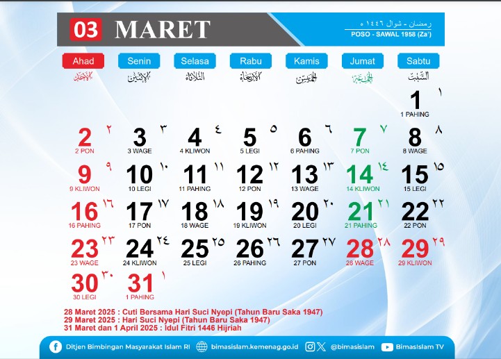 Kalender Maret 2025: Lengkap dengan Hari Libur Nasional, Cuti Bersama, Hari Besar, Jadwal Puasa ...